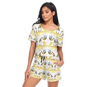 Yellow Flying Bee Dressed up Gnome Honeycomb on White Women's Pajamas 2 Piece Set, Crew Neck Soft Polyester Short Sleeve Nightwear, Lounge Comfy Sleepwear with Pockets for Women (XL)