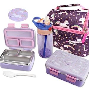 Unicorn Stainless Steel Bento Lunch Box for Toddler Girls, Insulated Lunch Bag Water Bottle Set for Kids. Snack Container for Small Children, Baby Girl, Toddlers Daycare Pre-School Lunches Purple