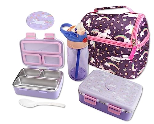 Unicorn Stainless Steel Bento Lunch Box for Toddler Girls, Insulated Lunch Bag Water Bottle Set for Kids. Snack Container for Small Children, Baby Girl, Toddlers Daycare Pre-School Lunches Purple