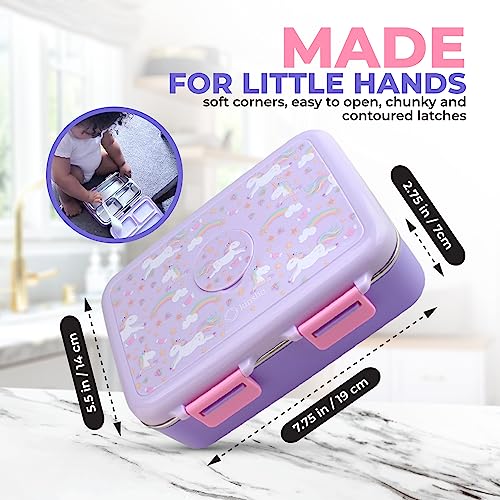 Unicorn Stainless Steel Bento Lunch Box for Toddler Girls, Insulated Lunch Bag Water Bottle Set for Kids. Snack Container for Small Children, Baby Girl, Toddlers Daycare Pre-School Lunches Purple