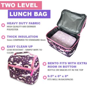 Unicorn Stainless Steel Bento Lunch Box for Toddler Girls, Insulated Lunch Bag Water Bottle Set for Kids. Snack Container for Small Children, Baby Girl, Toddlers Daycare Pre-School Lunches Purple