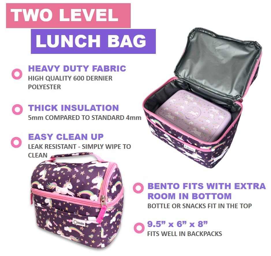 Unicorn Stainless Steel Bento Lunch Box for Toddler Girls, Insulated Lunch Bag Water Bottle Set for Kids. Snack Container for Small Children, Baby Girl, Toddlers Daycare Pre-School Lunches Purple