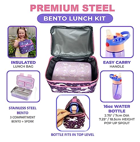 Unicorn Stainless Steel Bento Lunch Box for Toddler Girls, Insulated Lunch Bag Water Bottle Set for Kids. Snack Container for Small Children, Baby Girl, Toddlers Daycare Pre-School Lunches Purple