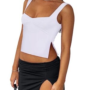 REORIA Women Summer Tops Sexy Ruched Sweetheart Neck Sleeveless Backless Side Split Tank Tops Going Out Y2K Trendy Cropped Tank Tops Pluse Size White Medium