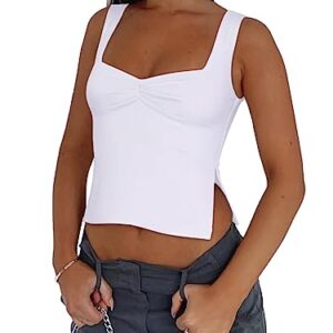 REORIA Women Summer Tops Sexy Ruched Sweetheart Neck Sleeveless Backless Side Split Tank Tops Going Out Y2K Trendy Cropped Tank Tops Pluse Size White Medium