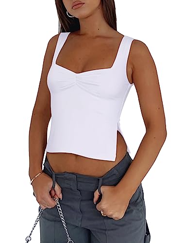 REORIA Women Summer Tops Sexy Ruched Sweetheart Neck Sleeveless Backless Side Split Tank Tops Going Out Y2K Trendy Cropped Tank Tops Pluse Size White Medium