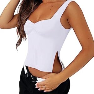 REORIA Women Summer Tops Sexy Ruched Sweetheart Neck Sleeveless Backless Side Split Tank Tops Going Out Y2K Trendy Cropped Tank Tops Pluse Size White Medium