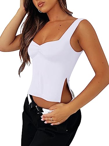 REORIA Women Summer Tops Sexy Ruched Sweetheart Neck Sleeveless Backless Side Split Tank Tops Going Out Y2K Trendy Cropped Tank Tops Pluse Size White Medium