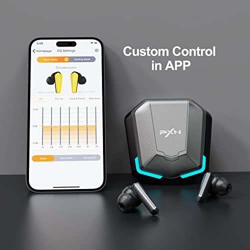 PXN Wireless Earbuds, S2 Active Noise Cancelling Wireless Earphones, Touch Control Wireless Headphones, 60ms Low Latency in Ear Gaming Headset with Dual ENC Mics & RGB Charging Case (Grey)