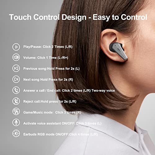 PXN Wireless Earbuds, S2 Active Noise Cancelling Wireless Earphones, Touch Control Wireless Headphones, 60ms Low Latency in Ear Gaming Headset with Dual ENC Mics & RGB Charging Case (Grey)