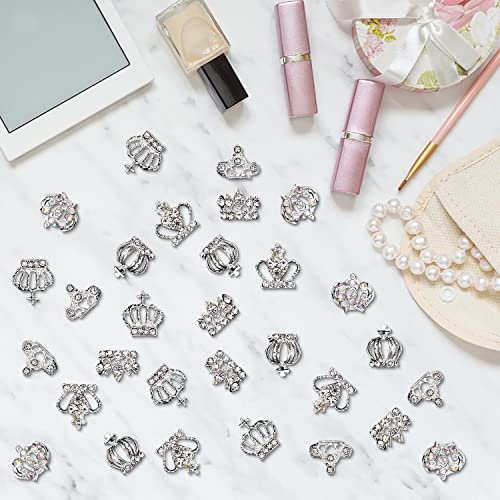 JERCLITY 30 Pieces Luxury 3D Silver Crown Nail Charms for Nails Alloy Crown Nail Jewels Diamonds Nail Art Charms for Nails Alloy 3D Charms for Women Nail Decorations Kit