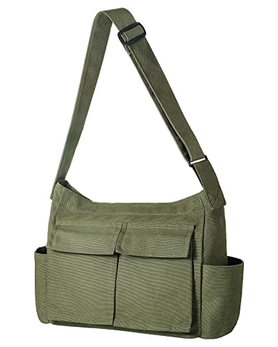 Sweetude Canvas Messenger Bag Crossbody Tote Bag with Multiple Pockets Laptop Large Shoulder Bags Aesthetic Casual Vintage Versatile School Cross Body Bag for Women Men, Green