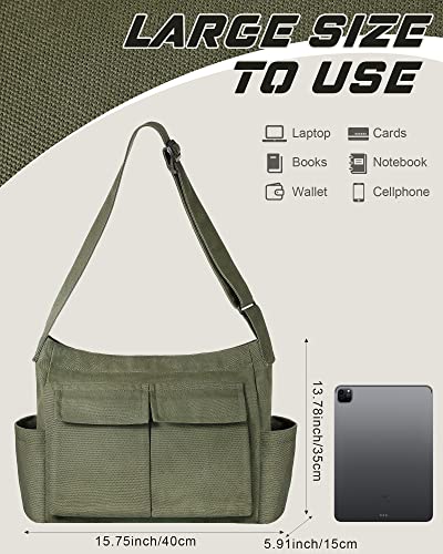 Sweetude Canvas Messenger Bag Crossbody Tote Bag with Multiple Pockets Laptop Large Shoulder Bags Aesthetic Casual Vintage Versatile School Cross Body Bag for Women Men, Green