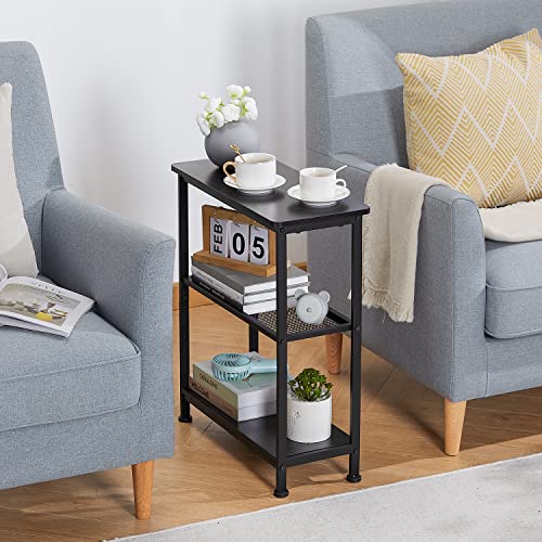 GIOPACO Narrow Side Table, End Table with 3 Tier Storage Shelves, Modern Accent Skiny End Tables for Small Spaces, Slim Couch Beside Table, Small Hallway Table for Living Room,Bedroom,Black