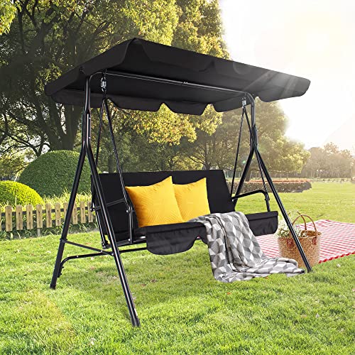 3-Seats Outdoor Patio Swing Chairs with Adjustable Tilt Canopy & Durable Steel Frame, Porch Swing Outdoor Swings for Adults, Removable Cushion, Best for Garden, Yard & Balcony (Black)