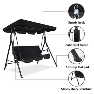 3-Seats Outdoor Patio Swing Chairs with Adjustable Tilt Canopy & Durable Steel Frame, Porch Swing Outdoor Swings for Adults, Removable Cushion, Best for Garden, Yard & Balcony (Black)