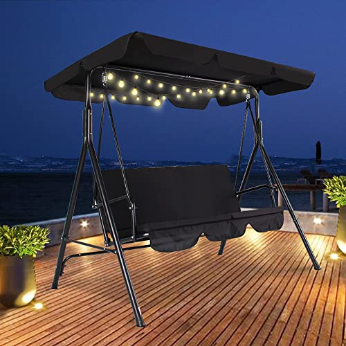 3-Seats Outdoor Patio Swing Chairs with Adjustable Tilt Canopy & Durable Steel Frame, Porch Swing Outdoor Swings for Adults, Removable Cushion, Best for Garden, Yard & Balcony (Black)