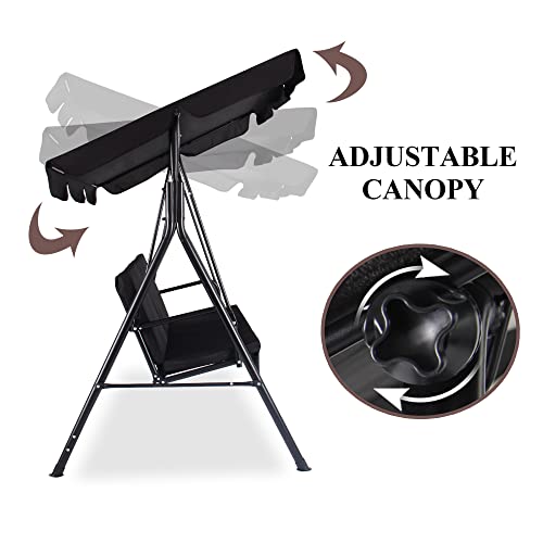 3-Seats Outdoor Patio Swing Chairs with Adjustable Tilt Canopy & Durable Steel Frame, Porch Swing Outdoor Swings for Adults, Removable Cushion, Best for Garden, Yard & Balcony (Black)