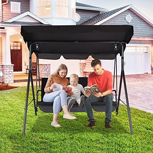 3-Seats Outdoor Patio Swing Chairs with Adjustable Tilt Canopy & Durable Steel Frame, Porch Swing Outdoor Swings for Adults, Removable Cushion, Best for Garden, Yard & Balcony (Black)