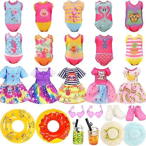 5.3 inch Doll Clothes and Accessories 6 Beach Swimsuits 3 Dresses with 2 Swimming Rings 2 Drinks 2 Hats 2 Glasses 2 Shoes for 5.3 Inch Doll