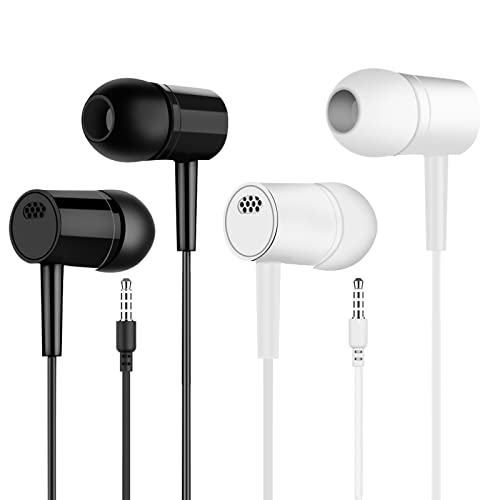 (2 Pack) Wire Controlled Earphones with Microphone,Suitable for Desktop Computers, laptops, Android Phones, iOS and Other Devices (Black+White)