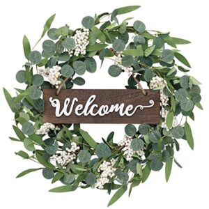 cewor 20in green eucalyptus wreath with welcome sign artificial eucalyptus wreath spring summer wreath with white berries for front door wall window festival farmhouse porch patio garden wedding decor