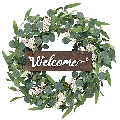 CEWOR 20in Green Eucalyptus Wreath with Welcome Sign Artificial Eucalyptus Wreath Spring Summer Wreath with White Berries for Front Door Wall Window Festival Farmhouse Porch Patio Garden Wedding Decor