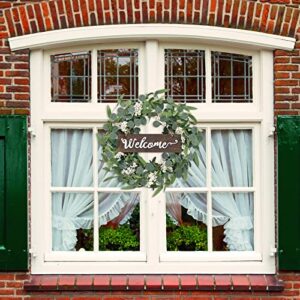 CEWOR 20in Green Eucalyptus Wreath with Welcome Sign Artificial Eucalyptus Wreath Spring Summer Wreath with White Berries for Front Door Wall Window Festival Farmhouse Porch Patio Garden Wedding Decor