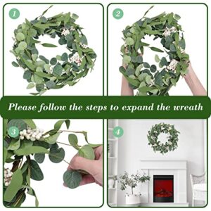 CEWOR 20in Green Eucalyptus Wreath with Welcome Sign Artificial Eucalyptus Wreath Spring Summer Wreath with White Berries for Front Door Wall Window Festival Farmhouse Porch Patio Garden Wedding Decor