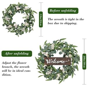 CEWOR 20in Green Eucalyptus Wreath with Welcome Sign Artificial Eucalyptus Wreath Spring Summer Wreath with White Berries for Front Door Wall Window Festival Farmhouse Porch Patio Garden Wedding Decor