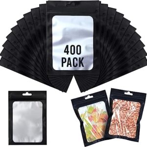 STRATUS88 400 Pack Resealable Mylar Bags - Food Storage Bags - |4 X 6 Inch Size Smell Proof Bag Transparent Front Window Packaging Matte Black Baggies for Small Kitchen Organization