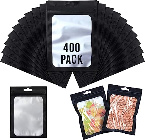 STRATUS88 400 Pack Resealable Mylar Bags - Food Storage Bags - |4 X 6 Inch Size Smell Proof Bag Transparent Front Window Packaging Matte Black Baggies for Small Kitchen Organization