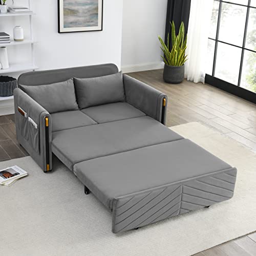 HomSof Modern Convertible Detachable Arm Pockets Velvet Loveseat Sofa with Pull Out Bed, 2 Pillows and Living Room Adjustable Backrest, Grid Design Armrests, Style D, Grey