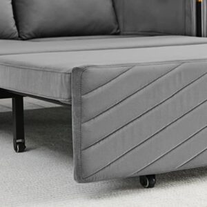 HomSof Modern Convertible Detachable Arm Pockets Velvet Loveseat Sofa with Pull Out Bed, 2 Pillows and Living Room Adjustable Backrest, Grid Design Armrests, Style D, Grey