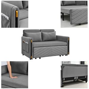 HomSof Modern Convertible Detachable Arm Pockets Velvet Loveseat Sofa with Pull Out Bed, 2 Pillows and Living Room Adjustable Backrest, Grid Design Armrests, Style D, Grey