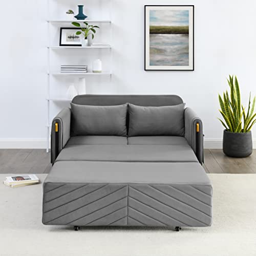 HomSof Modern Convertible Detachable Arm Pockets Velvet Loveseat Sofa with Pull Out Bed, 2 Pillows and Living Room Adjustable Backrest, Grid Design Armrests, Style D, Grey