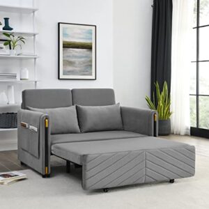 HomSof Modern Convertible Detachable Arm Pockets Velvet Loveseat Sofa with Pull Out Bed, 2 Pillows and Living Room Adjustable Backrest, Grid Design Armrests, Style D, Grey