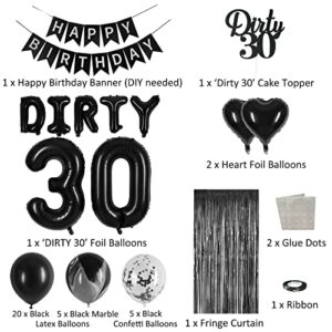 30th Birthday Decorations Set - Happy 30th Birthday Decorations with Happy Birthday Banner, Black Foil Curtains, Dirty 30 Balloons Kit, Black Cake Topper - 30 Birthday Decorations for Men