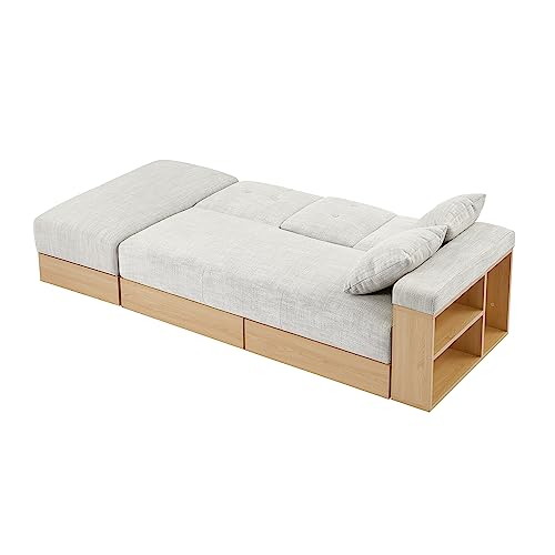 HomSof Multi-Functional Sofa Sleeper Ottoman Pull Out Drawer, Fold Out Couch Bed with Side Two-Tier Storage Rack, Light Gray