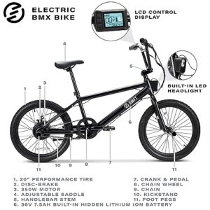 SWFT Electric BMX Bike- 35mi Operating Range, 20mph, 20” Performance Wheels, Front & Back Pegs, LCD-Display, Adult E Bike- Black