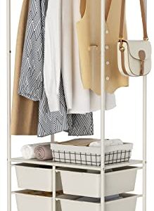 Ytaoka White Clothes Rack with 6 Drawers and 8 Side Hooks, Rolling Clothing Racks for Hanging Clothes with Wheels, Heavy Duty Metal Garment Rack, Standing Clothes Hanger Rack, Easy to Assemble