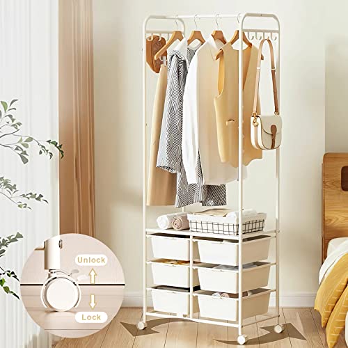 Ytaoka White Clothes Rack with 6 Drawers and 8 Side Hooks, Rolling Clothing Racks for Hanging Clothes with Wheels, Heavy Duty Metal Garment Rack, Standing Clothes Hanger Rack, Easy to Assemble