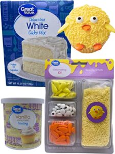 spring chick cupcake decorating kit for adorable baby chick cupcakes! white cake mix, vanilla frosting, white cupcake liners and candy eyes, orange candy beak, yellow candy wings and yellow sprinkles. cute easter spring cupcake decorations for family, kid