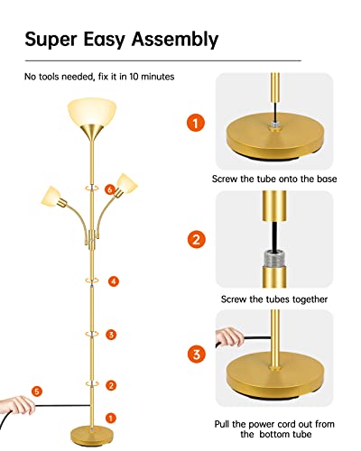 Gold Floor Lamps for Living Room, Bright Standing Lamp, 70.5" Tall Pole Lamp with 3 Lights, Modern Torchiere Tree Floor Lamp, Rotate Switch, 2700K LED Beads, 50,000hrs Lifespan,Corner Lamp for Bedroom