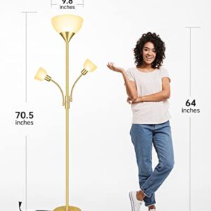 Gold Floor Lamps for Living Room, Bright Standing Lamp, 70.5" Tall Pole Lamp with 3 Lights, Modern Torchiere Tree Floor Lamp, Rotate Switch, 2700K LED Beads, 50,000hrs Lifespan,Corner Lamp for Bedroom