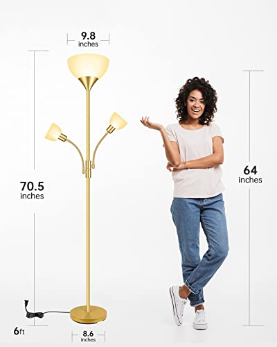 Gold Floor Lamps for Living Room, Bright Standing Lamp, 70.5" Tall Pole Lamp with 3 Lights, Modern Torchiere Tree Floor Lamp, Rotate Switch, 2700K LED Beads, 50,000hrs Lifespan,Corner Lamp for Bedroom