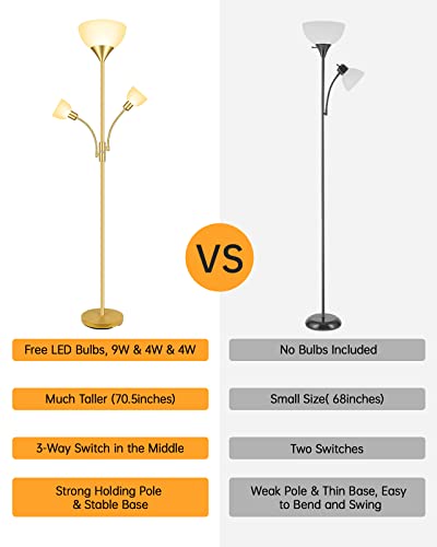 Gold Floor Lamps for Living Room, Bright Standing Lamp, 70.5" Tall Pole Lamp with 3 Lights, Modern Torchiere Tree Floor Lamp, Rotate Switch, 2700K LED Beads, 50,000hrs Lifespan,Corner Lamp for Bedroom