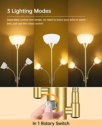 Gold Floor Lamps for Living Room, Bright Standing Lamp, 70.5" Tall Pole Lamp with 3 Lights, Modern Torchiere Tree Floor Lamp, Rotate Switch, 2700K LED Beads, 50,000hrs Lifespan,Corner Lamp for Bedroom