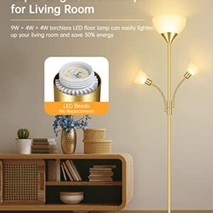 Gold Floor Lamps for Living Room, Bright Standing Lamp, 70.5" Tall Pole Lamp with 3 Lights, Modern Torchiere Tree Floor Lamp, Rotate Switch, 2700K LED Beads, 50,000hrs Lifespan,Corner Lamp for Bedroom