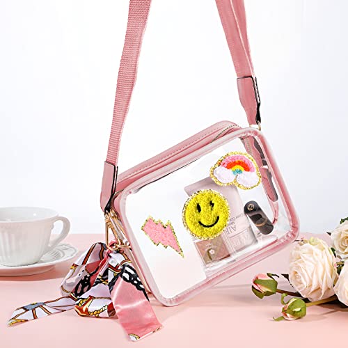 Chenille Patch Preppy PVC Clear Crossbody Bag Stadium Approved Small Transparent Preppy Makeup Bag Waterproof Clear Purse Square Zipper Clear Pouch for Women Girls Beach Travel (Pink)